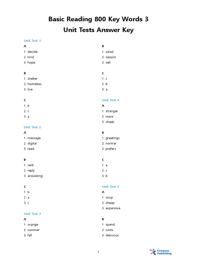 Basic Reading 800 Unit Tests Answer Key | PDF