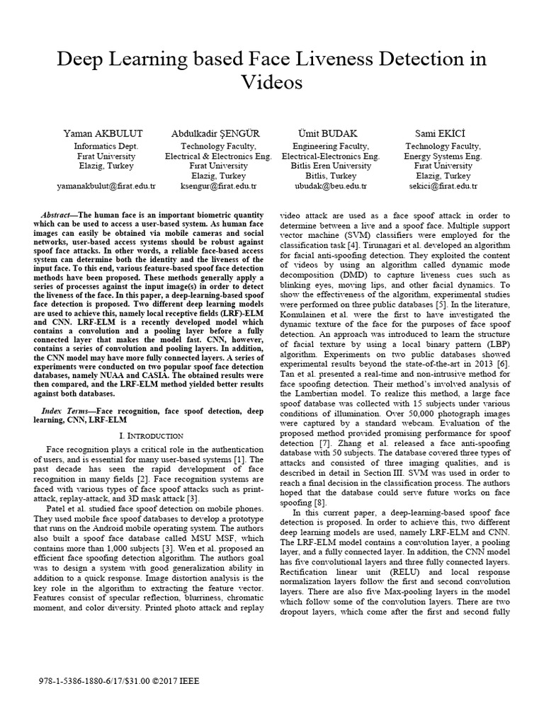 Deep Learning Based Face Liveness Detection in Videos | PDF | Image Resolution | Computer Vision