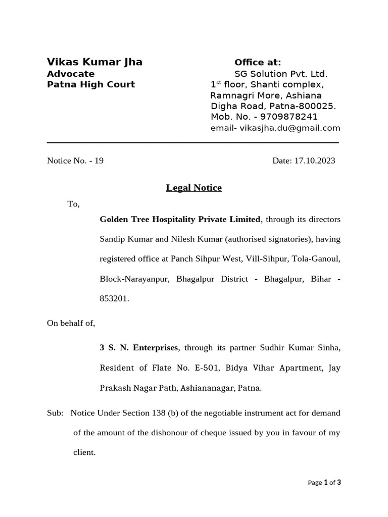 Legal Notice Cheque Bounce | PDF | Cheque | Negotiable Instrument
