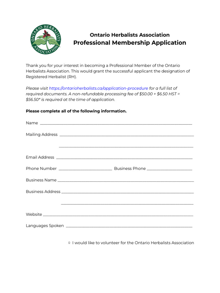 Ontario Herbalists Association Membership Application | PDF | Medicine ...