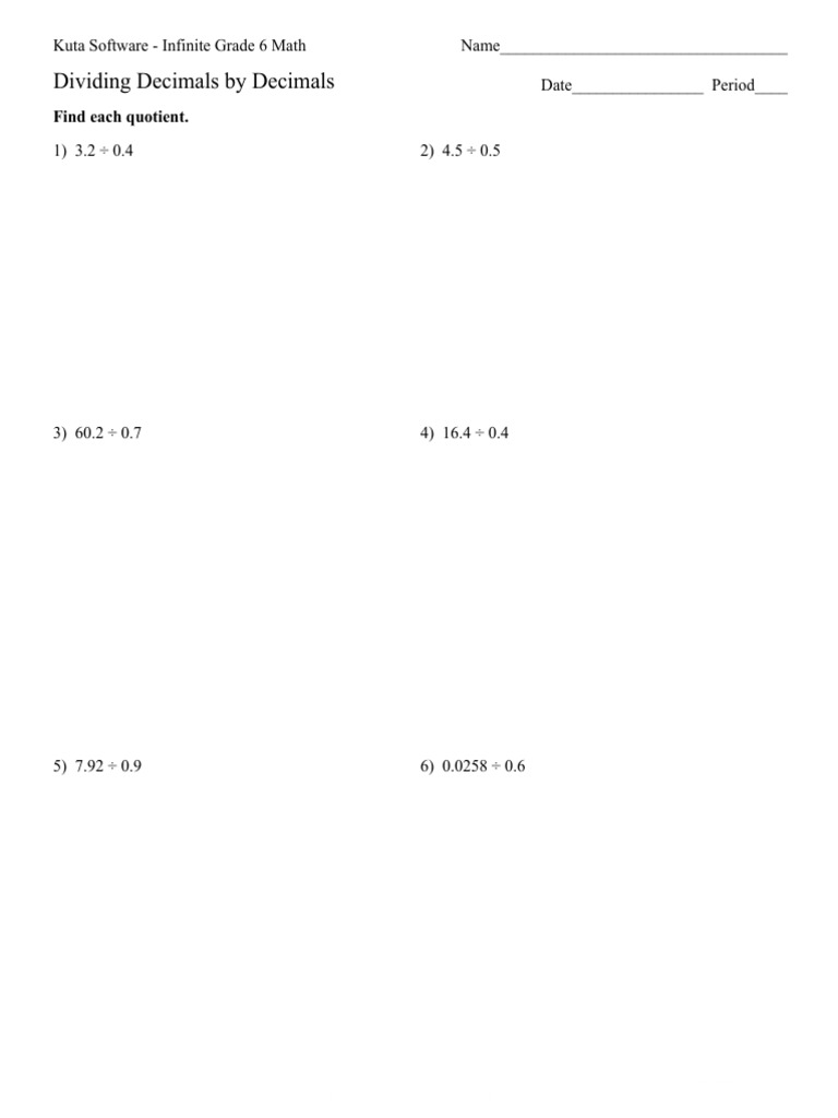 Dividing Decimals Worksheet | PDF | Division (Mathematics)