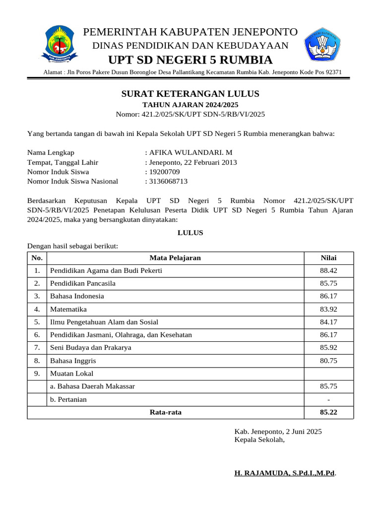 Contoh Format SKL | PDF