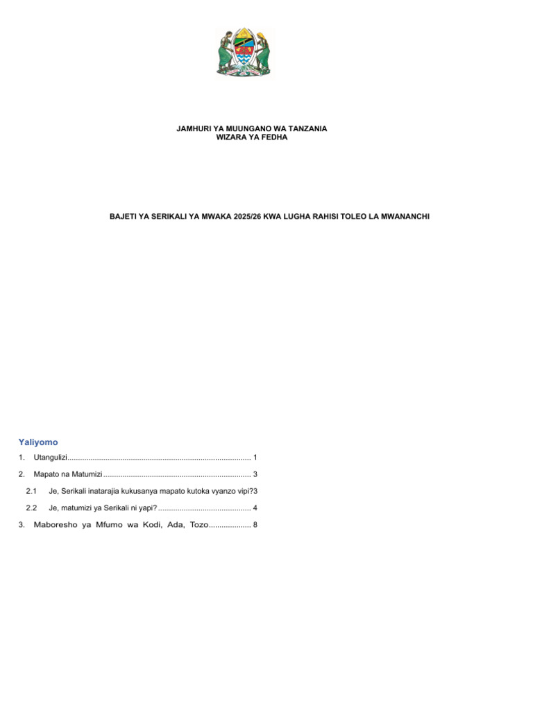 Bajeti Ya Serikali Toleo La Mwananchi 2025-26 | PDF
