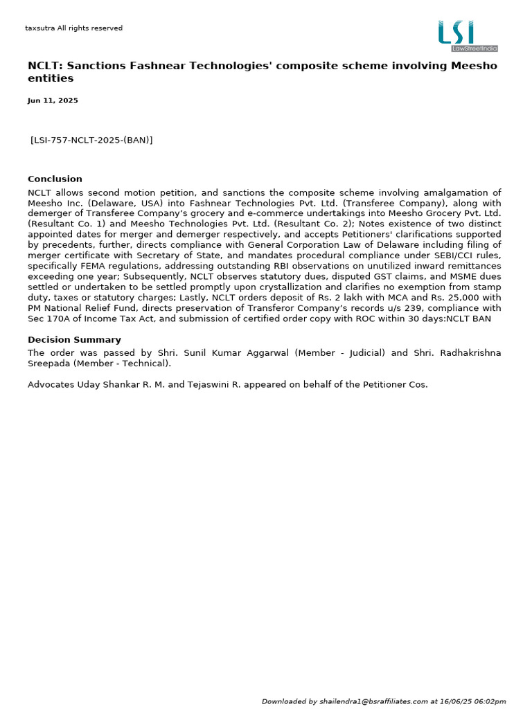 NCLT Sanctions Meesho's Reverse Flip Scheme | PDF | Delaware General ...