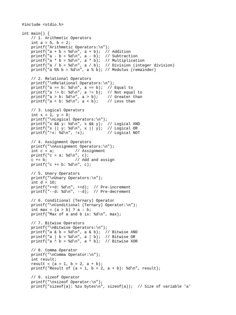 C Operators Explained: Types & Examples | PDF