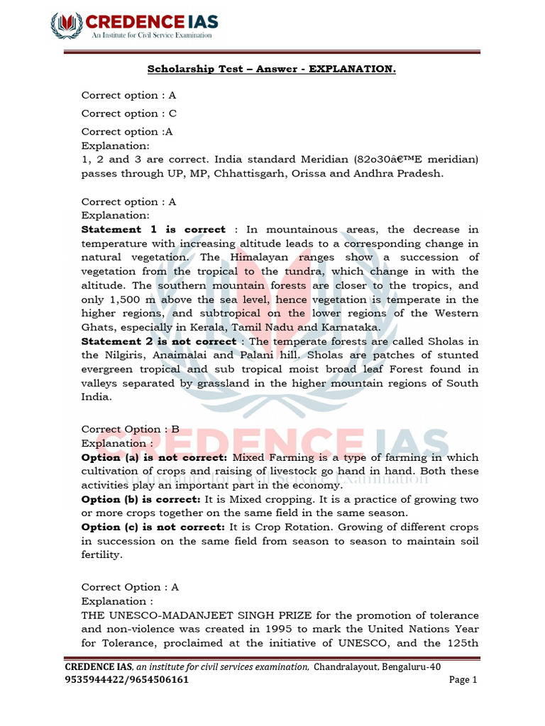 Scholarship Test Answer Key Explained | PDF