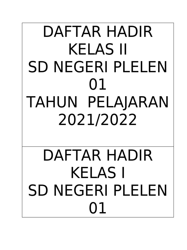 Daftar Hadir dan Nilai SD Negeri Plelen | PDF
