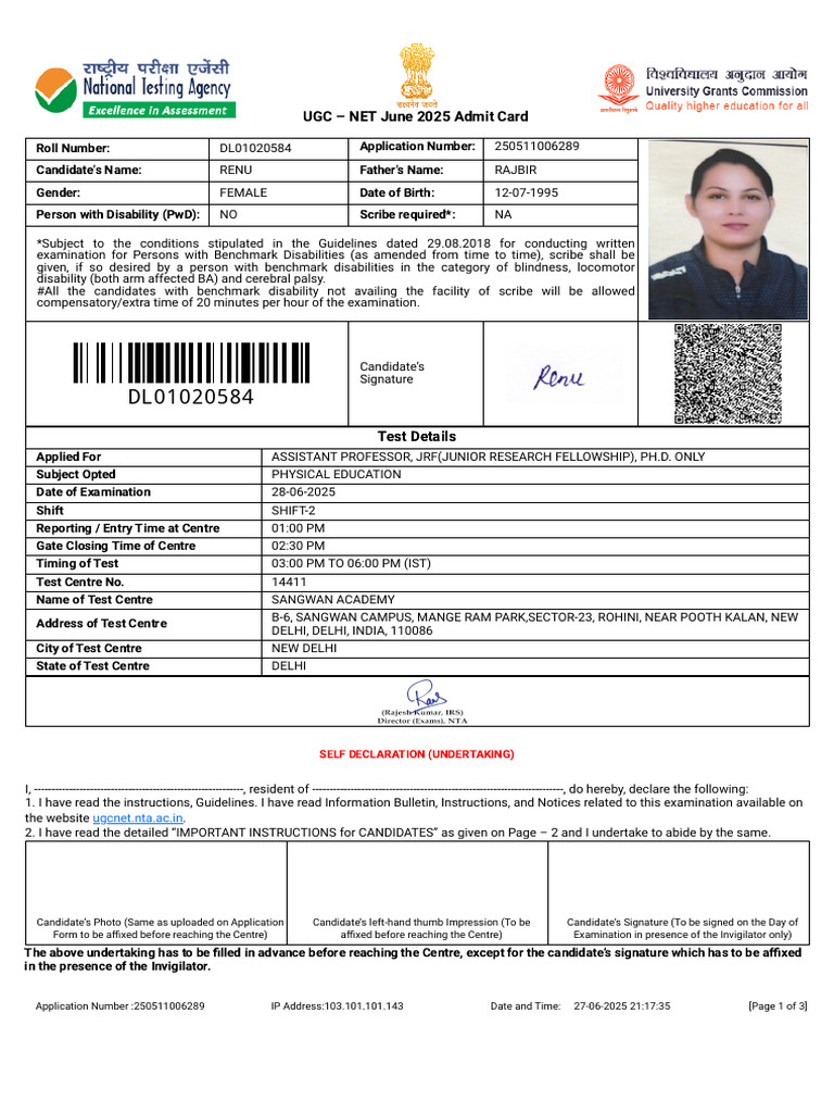 UGC NET June 2025 Admit Card Details | PDF | Identity Document