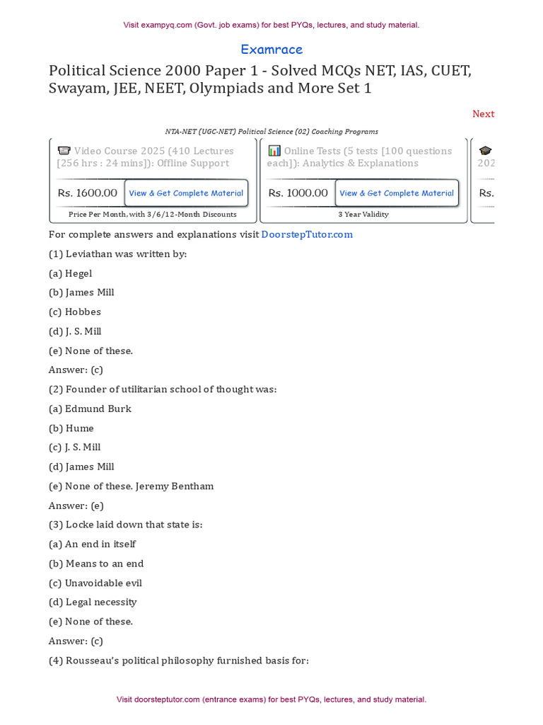 Political Science MCQs 2000 Exam Guide | PDF