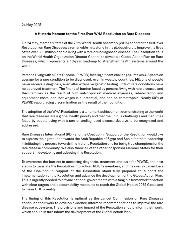WHA Adopts First Resolution on Rare Diseases | PDF | Global Health ...