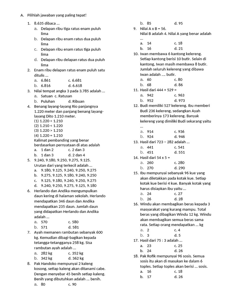 UTS MTK Kelas 4 | PDF