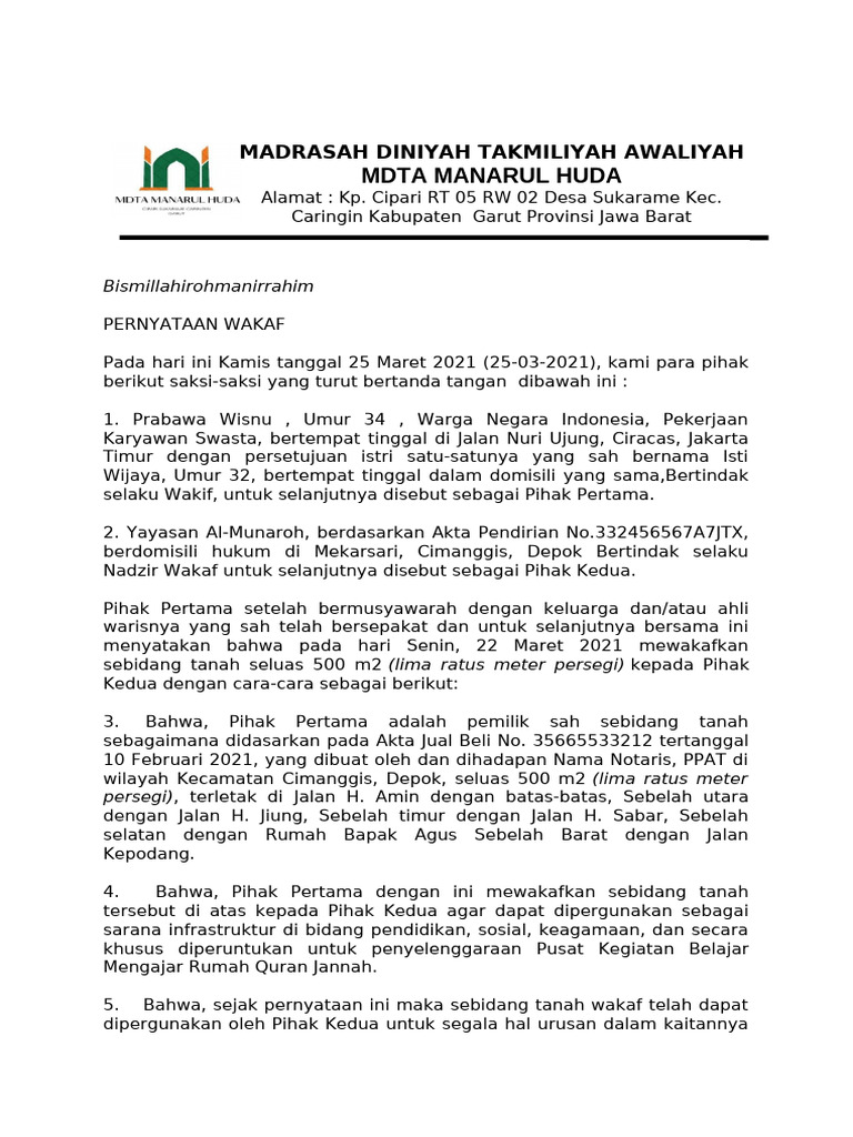 Contoh Surat Wakaf Tanah MDTA Manarul Huda | PDF