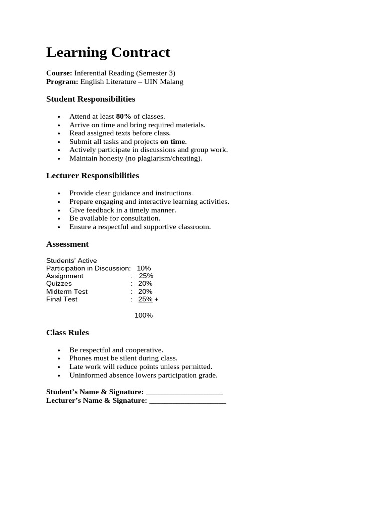 Inferential Reading Learning Contract | PDF
