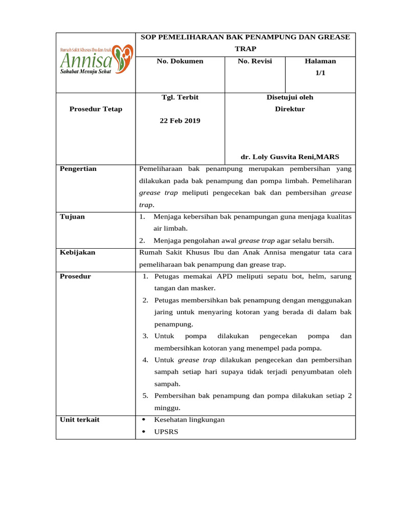 SOP Pemeliharaan Bak Penampung & Grease Trap | PDF