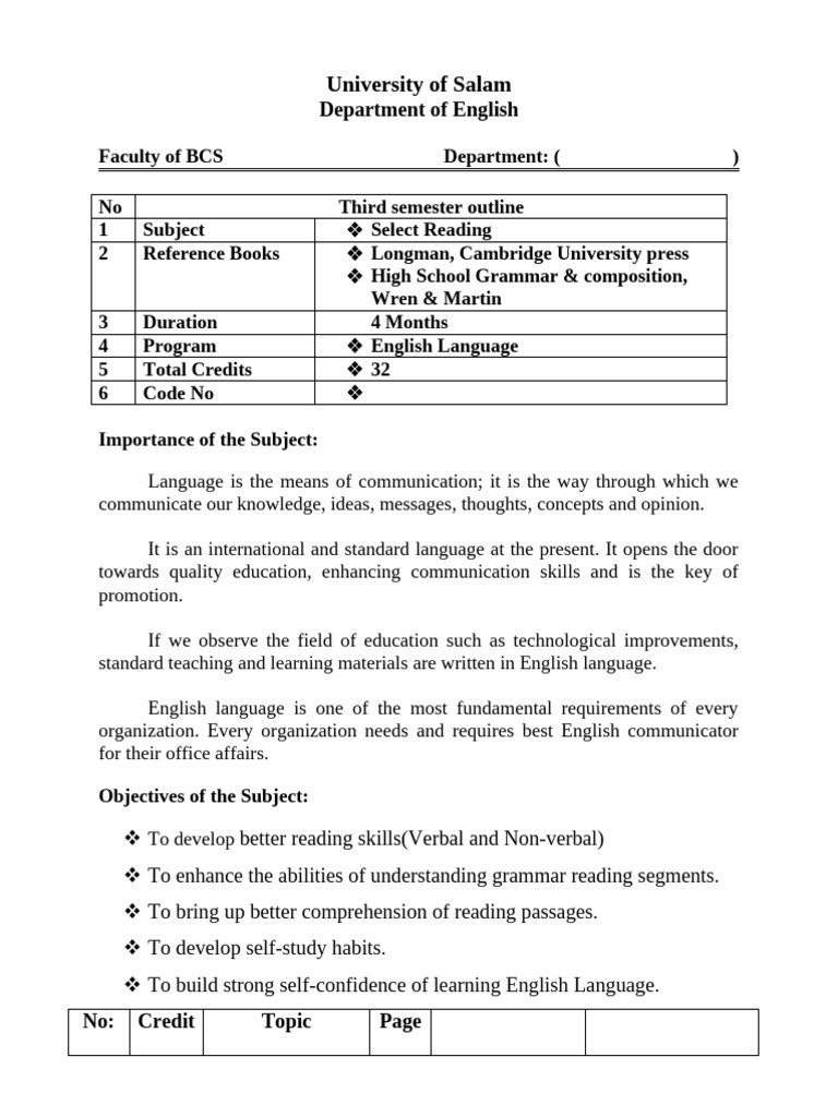 English Language Course Outline | PDF | Communication | Reading ...