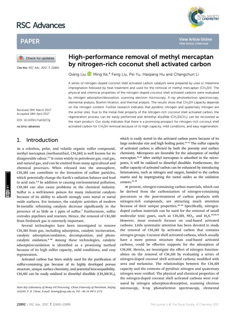 Nitrogen-Doped Carbon for Methyl Mercaptan Removal | PDF | Adsorption ...