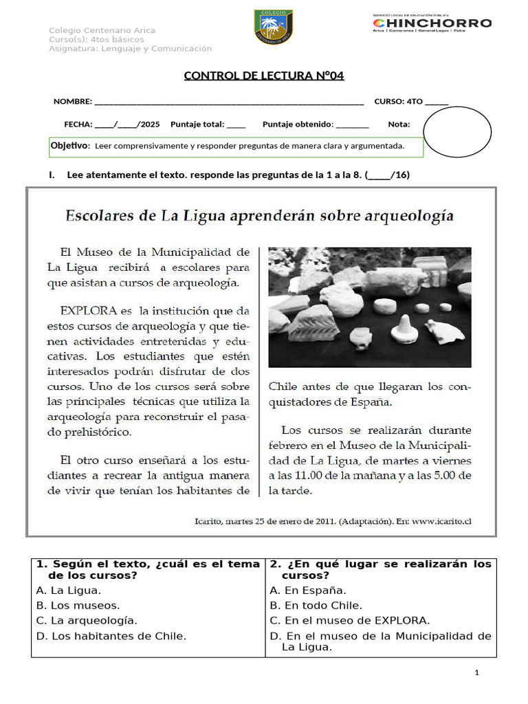 Control de Lectura para 4tos Básicos | PDF