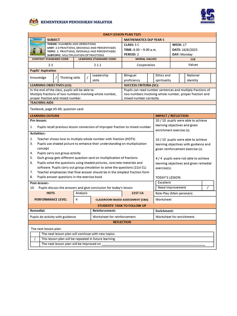 Year 5 Math Lesson: Multiplying Fractions | PDF | Lesson Plan | Teachers