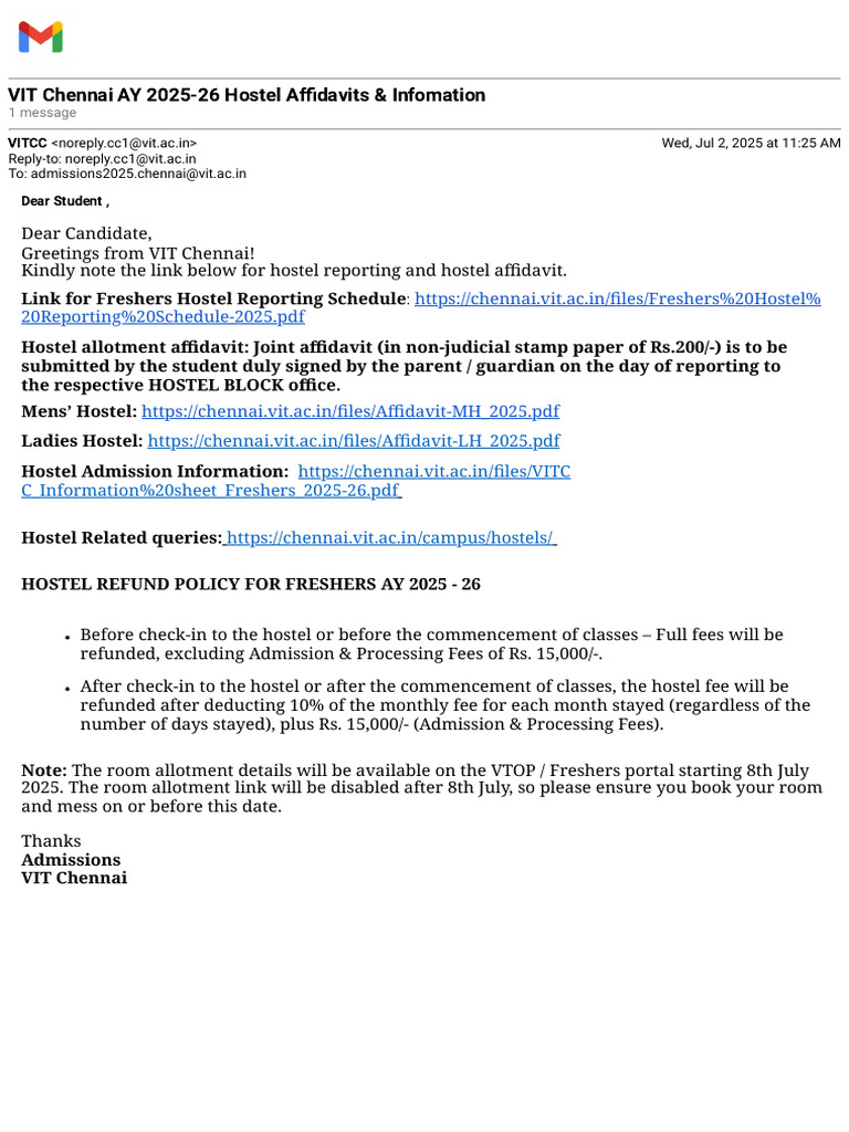 VIT Chennai 2025-26 Hostel Affidavit | PDF