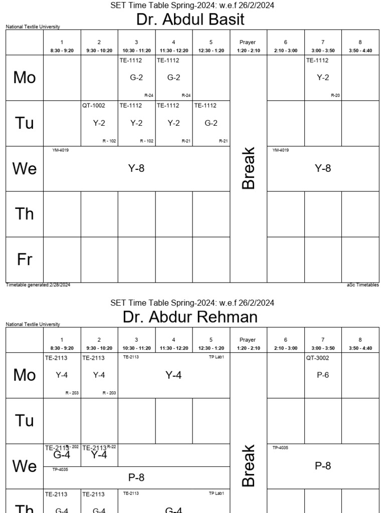SET Teacher Timetable Spring 2024-3.1 | PDF