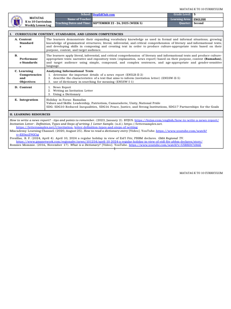 Grade 5 English Week 5 Lesson Plan | PDF | Pupa | Human Communication