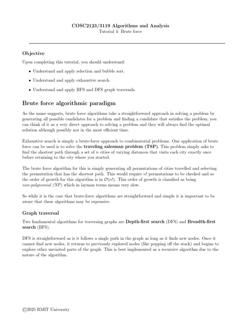 Tutorial 4 - Brute Force - Solutions | PDF | Theoretical Computer ...