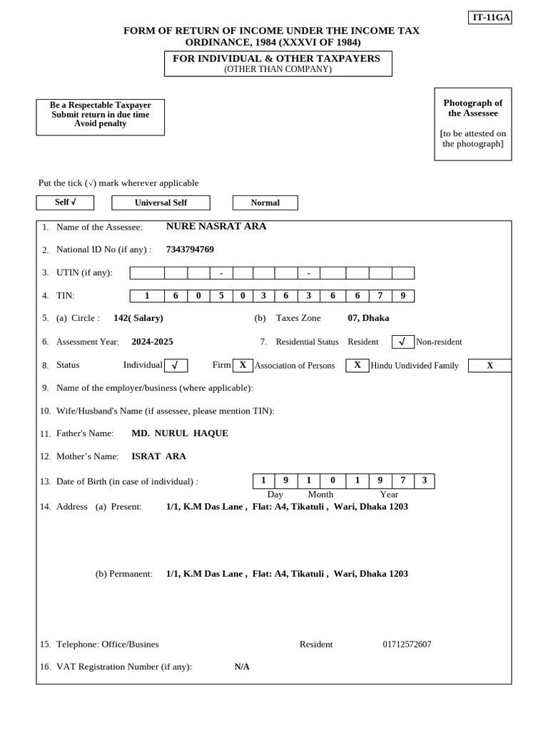 Income Tax Return for Nure Nasrat Ara | PDF | Expense | Taxes