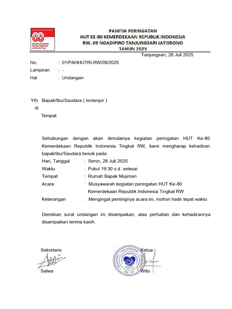 Undangan HUT Ke-80 Kemerdekaan RI RW 09 | PDF