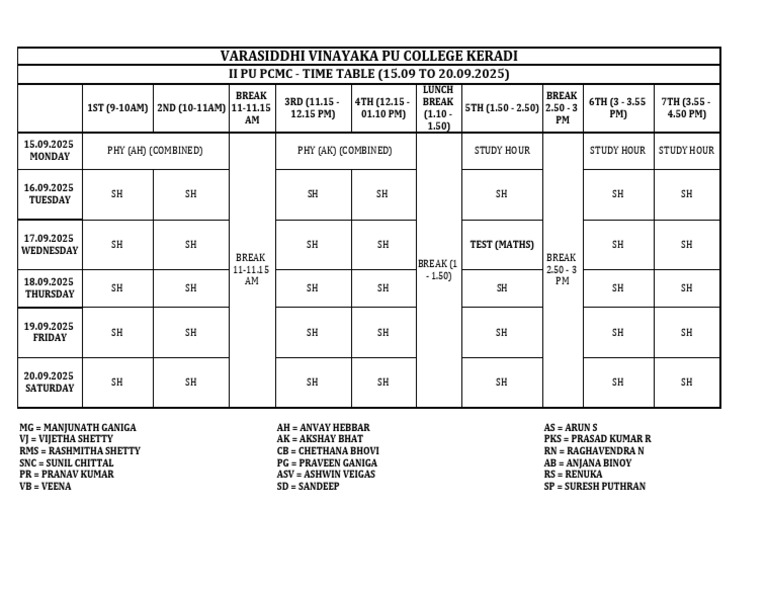 II PU PCMC Time Table: 15-20 Sept 2025 | PDF