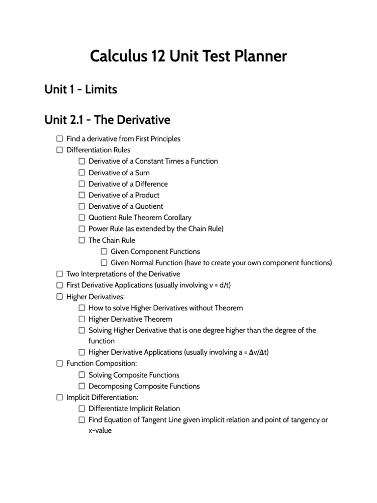 Calculus 12 Unit Test Planner | PDF
