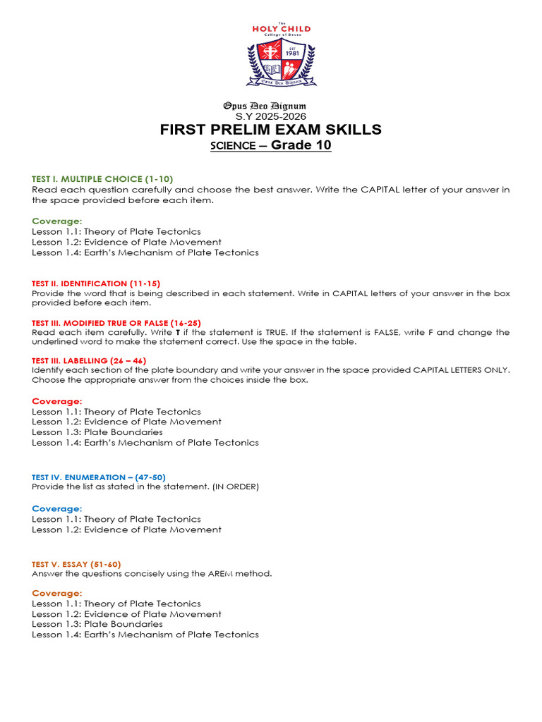 Grade 10 Science Exam: Plate Tectonics | PDF