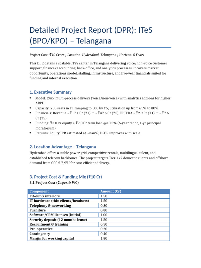 Telangana ITeS BPO/KPO Project DPR | PDF | Outsourcing | Service Industries