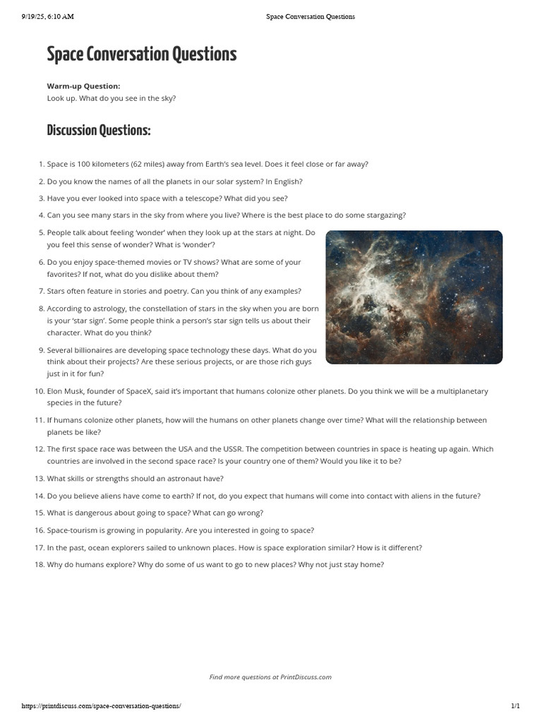 ESL Space Discussion Questions | PDF | Extraterrestrial Life | Outer Space