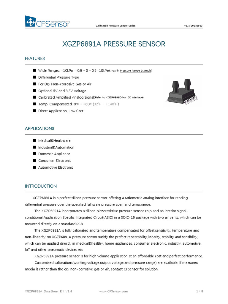 XGZP6891A Calibrated Pressure Sensor | PDF | Soldering | Pressure ...