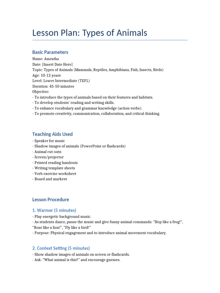Types of Animals Lesson Plan for Kids | PDF | Reptile | Egg