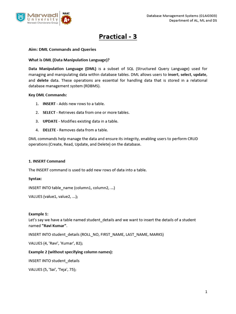Pratical-3 - DML Commands & Queries | PDF | Sql | Databases