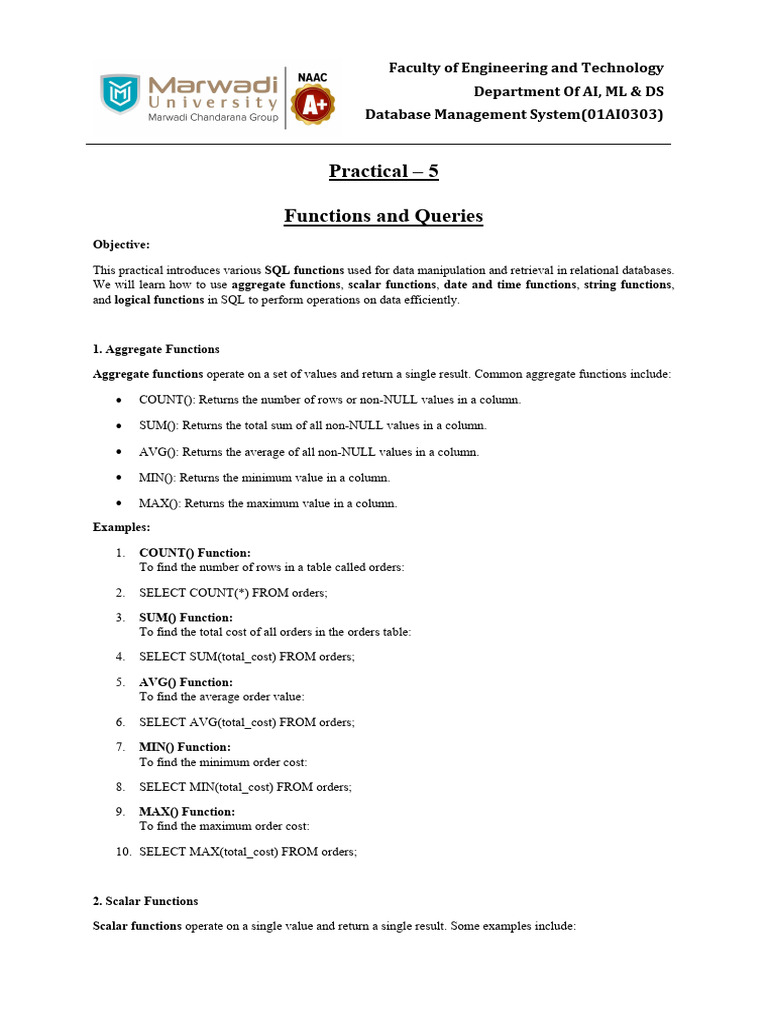 SQL Functions for Data Manipulation | PDF | Boolean Data Type | Databases