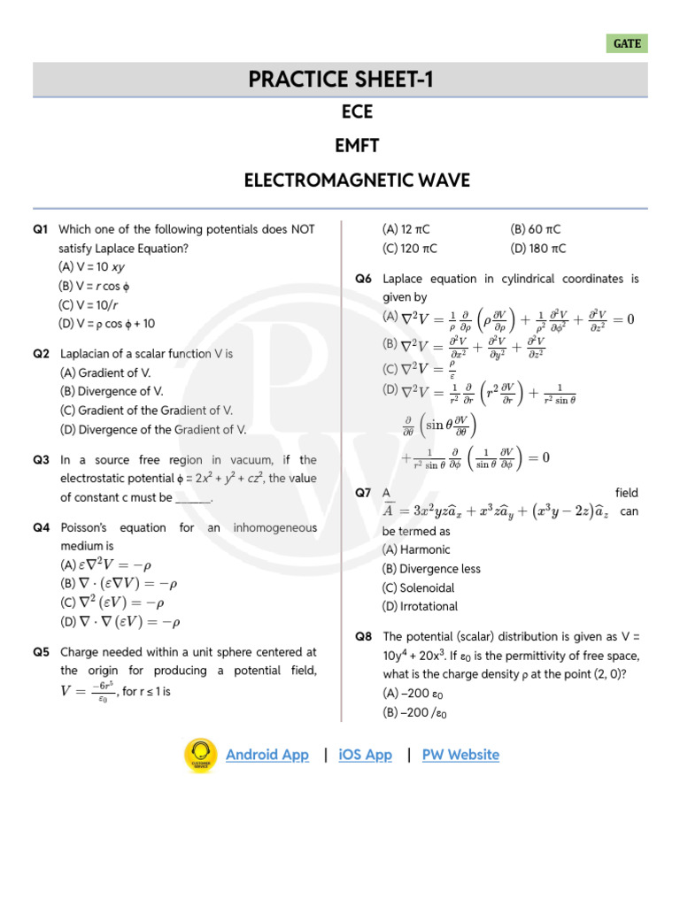 GATE Practice Sheet on Laplace and Poisson Equations | PDF | Waves ...