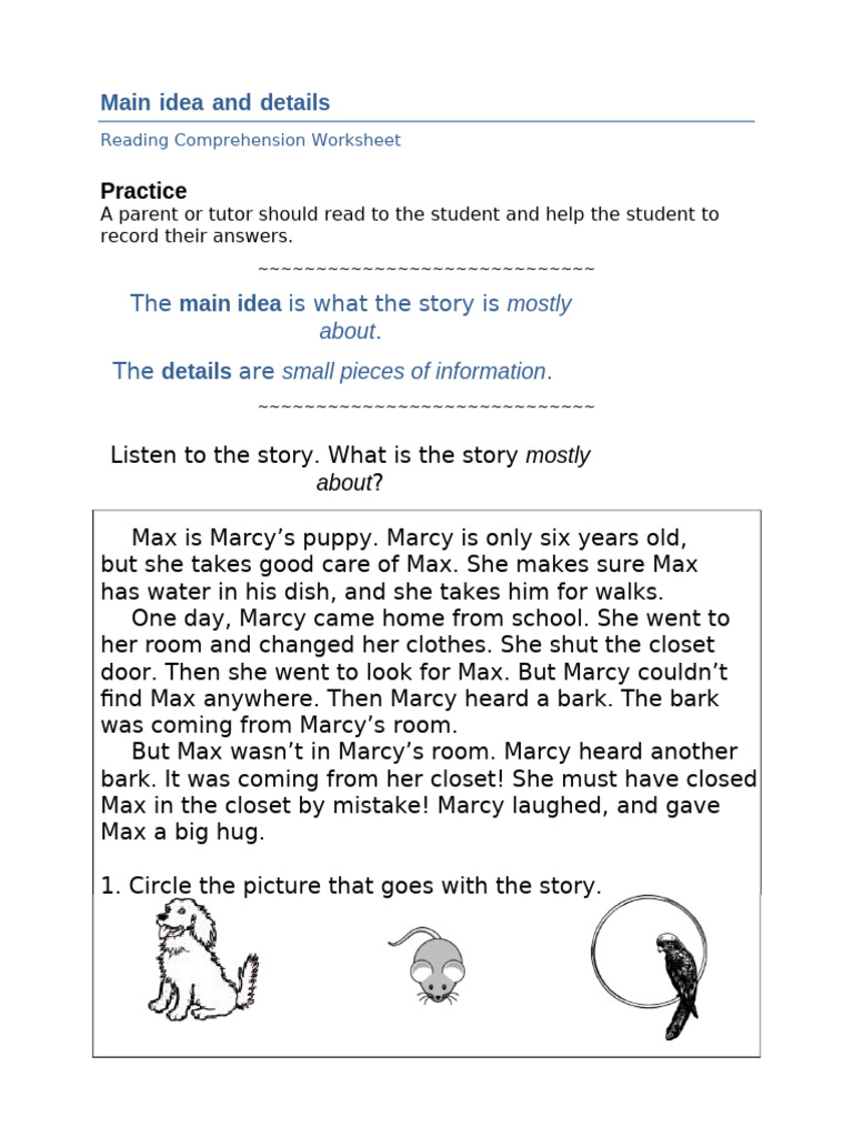 Main Idea and Story Details Worksheet | PDF