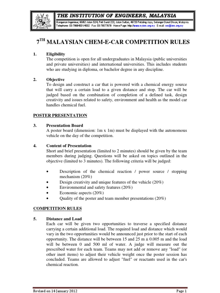 7th Malaysian Chem E Car Rules & Regulations-Final | PDF