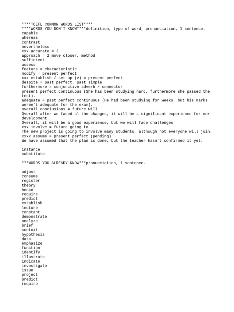 TOEFL Vocabulary Word List | PDF