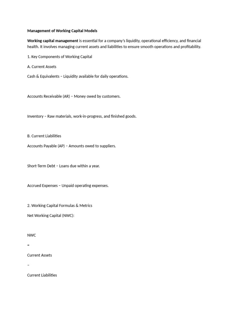 Management of Working Capital Models | PDF