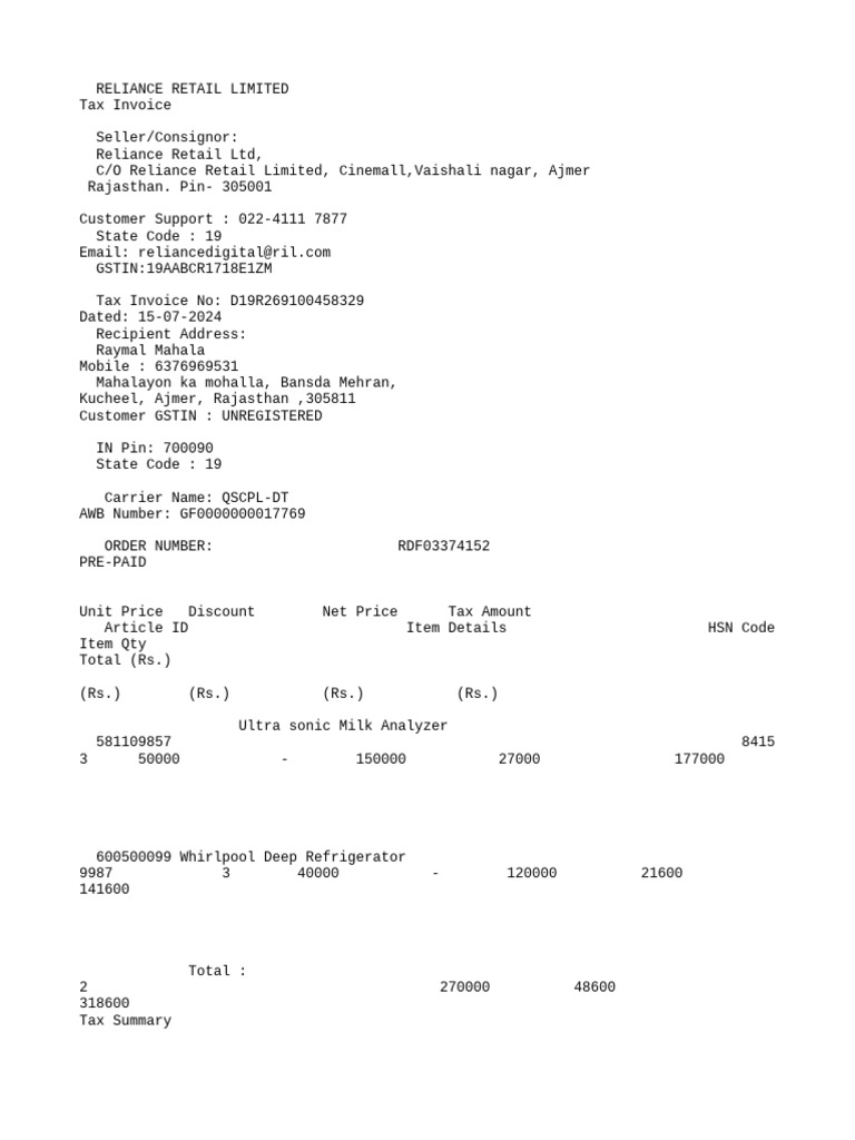 Reliance Retail Tax Invoice D19R269100458329 | PDF | Economy Of India