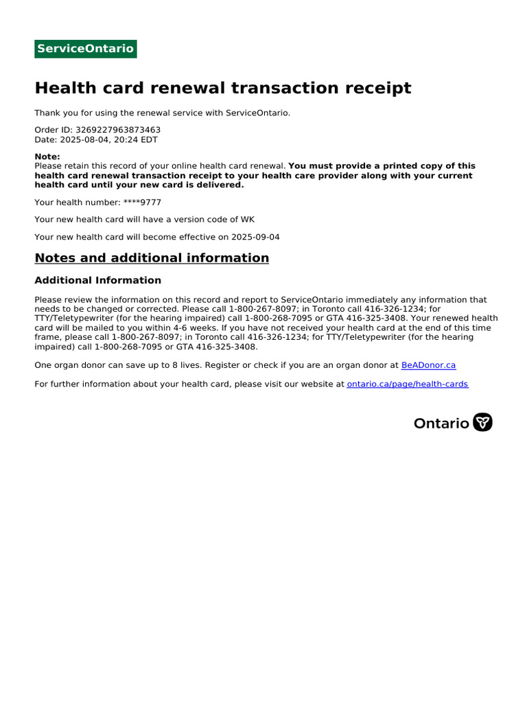 Ontario Health Card Renewal Receipt | PDF | Driver's License