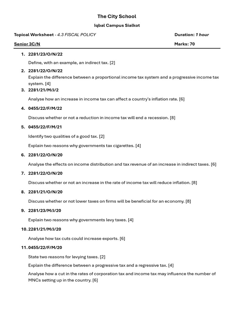 Fiscal Policy Topical Worksheet - Senior 3 | PDF