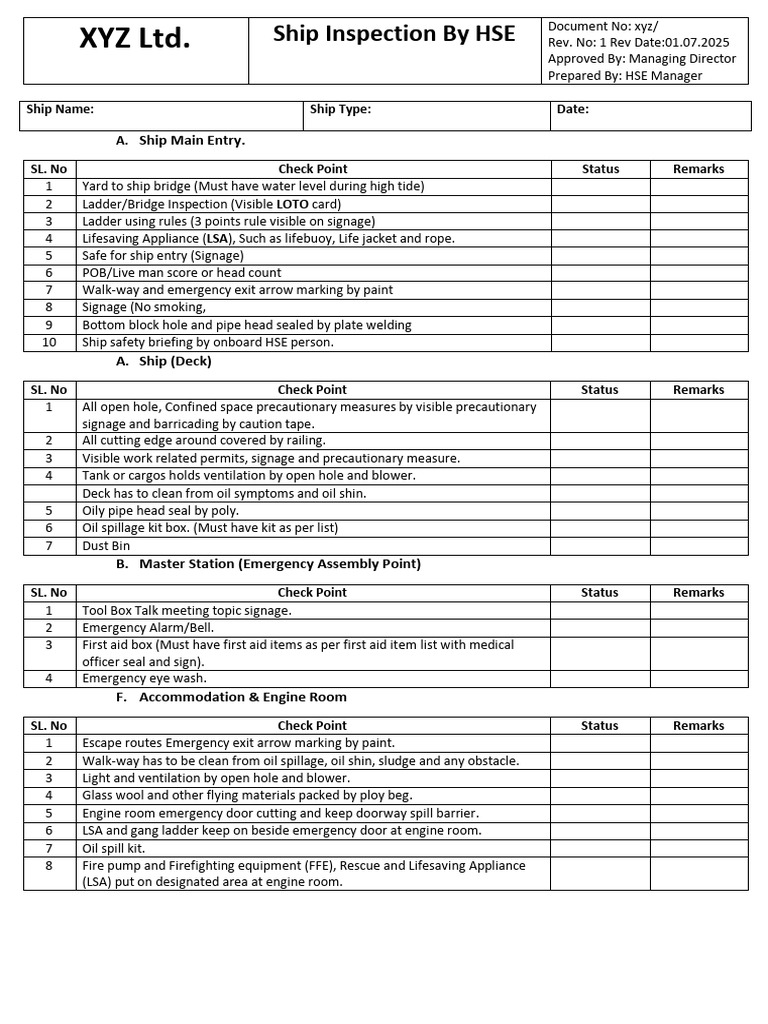 Ship Inspection Checklist by HSE | PDF | Personal Protective Equipment ...