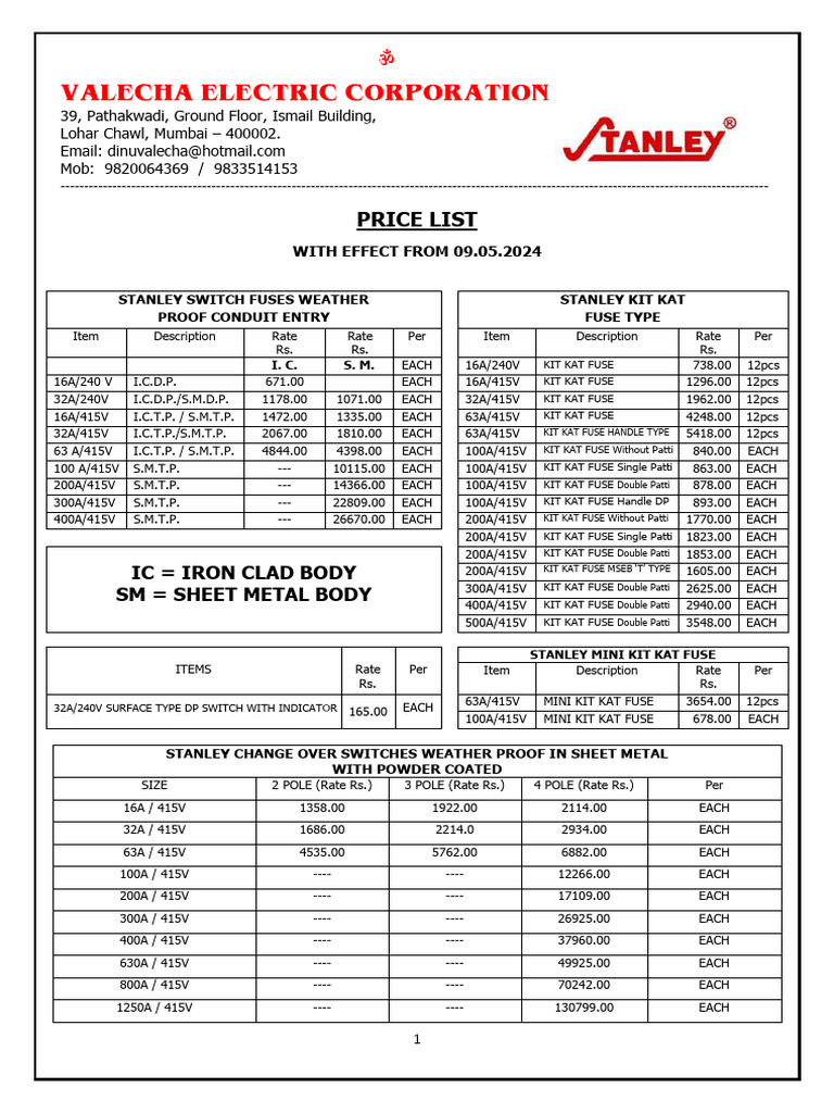 Stanley Price List Effective 09.05.2024 | PDF | Relay | Mechanical ...