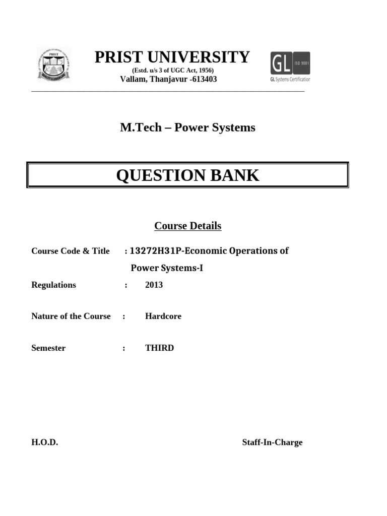 M.Tech Power Systems Question Bank | PDF | Ac Power | Dynamic Programming