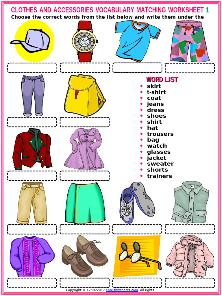 Clothes and Accessories Vocabulary Esl Matching Exercise Worksheets For ...