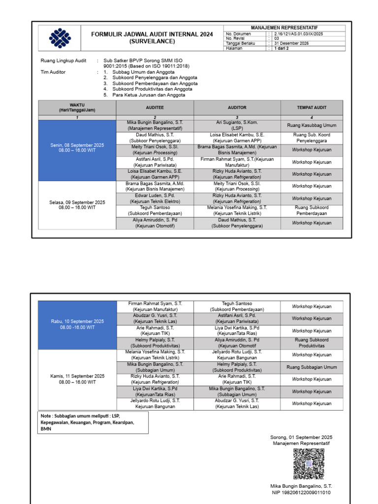 Jadwal Audit Internal 2024 SMM ISO | PDF